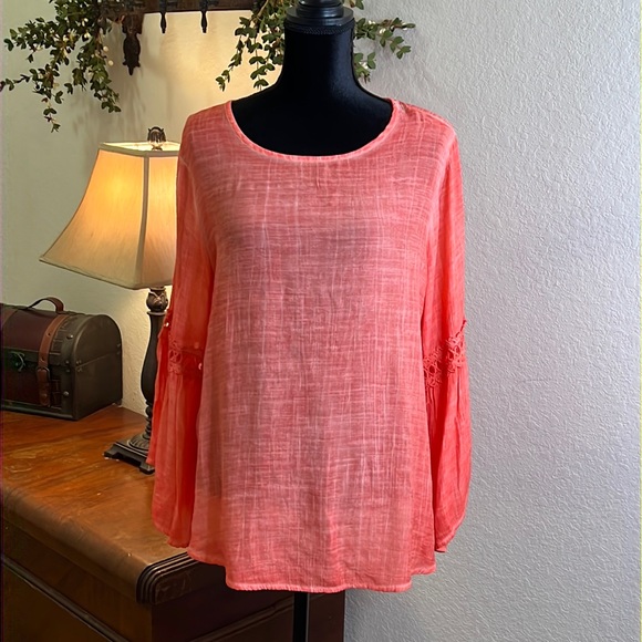 Spense | Tops | Spense Coral Long Flutter Sleeve Blouse With Lace ...